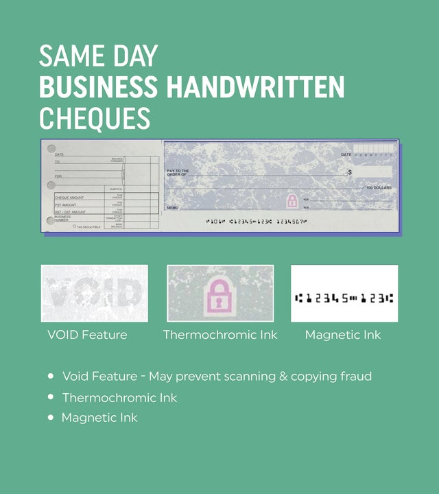 Business Handwritten Cheque + Void Security feature (same day printing)